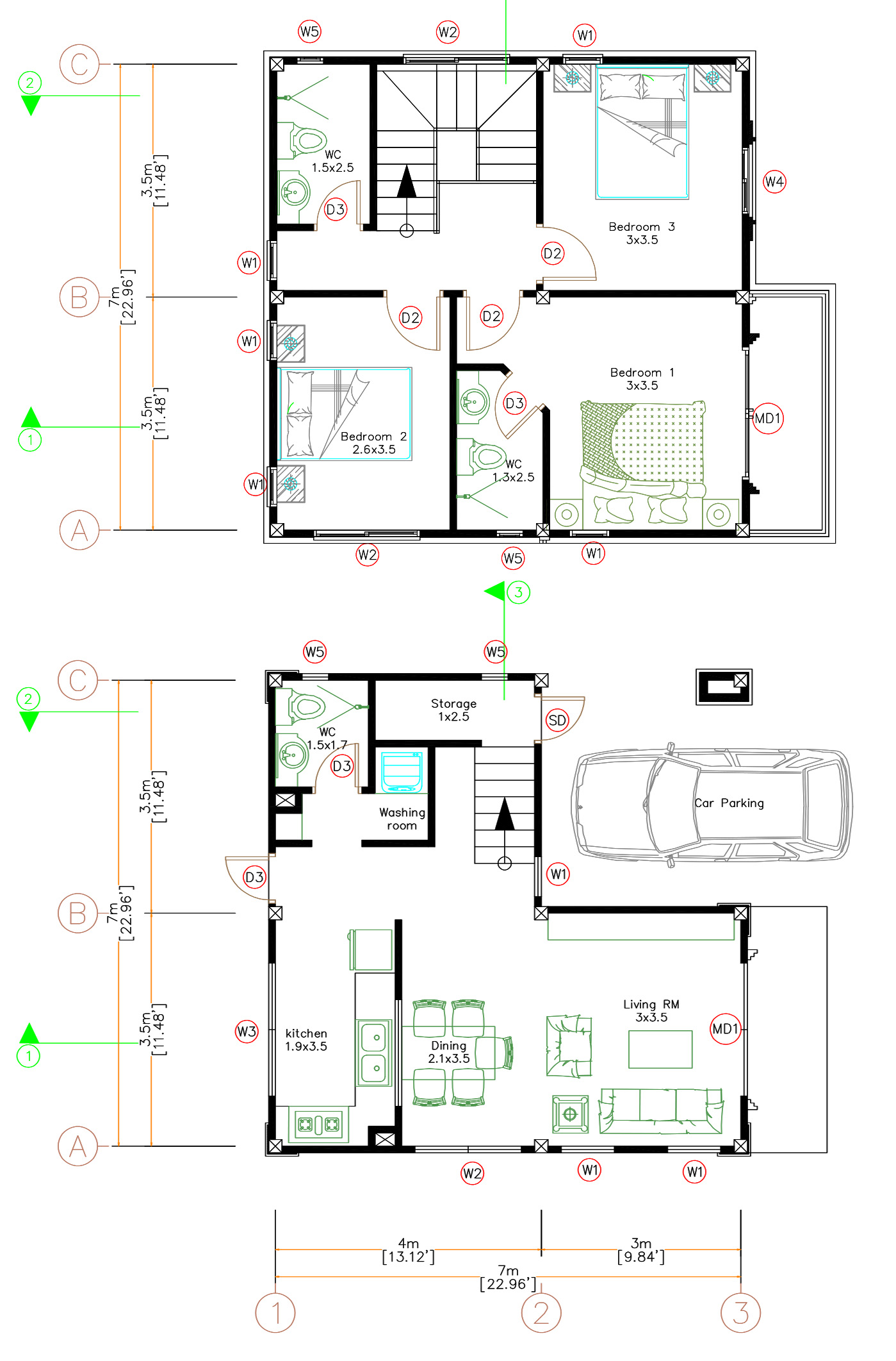 Small House Design 7x7m with 3 Beds - Small House Design Plan