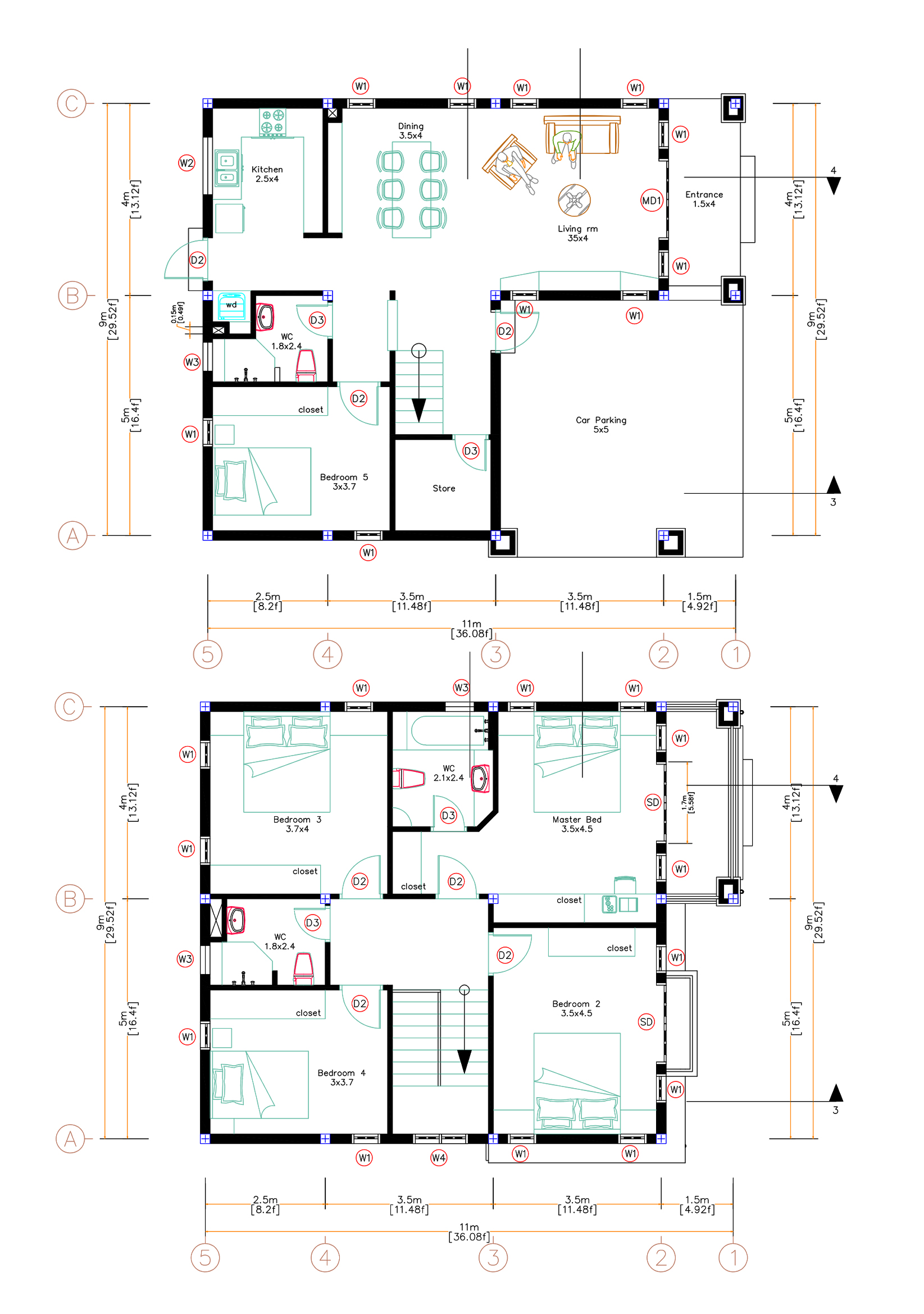 30x36 House Design Plan 5 Beds 3 Baths - Small House Design Plan