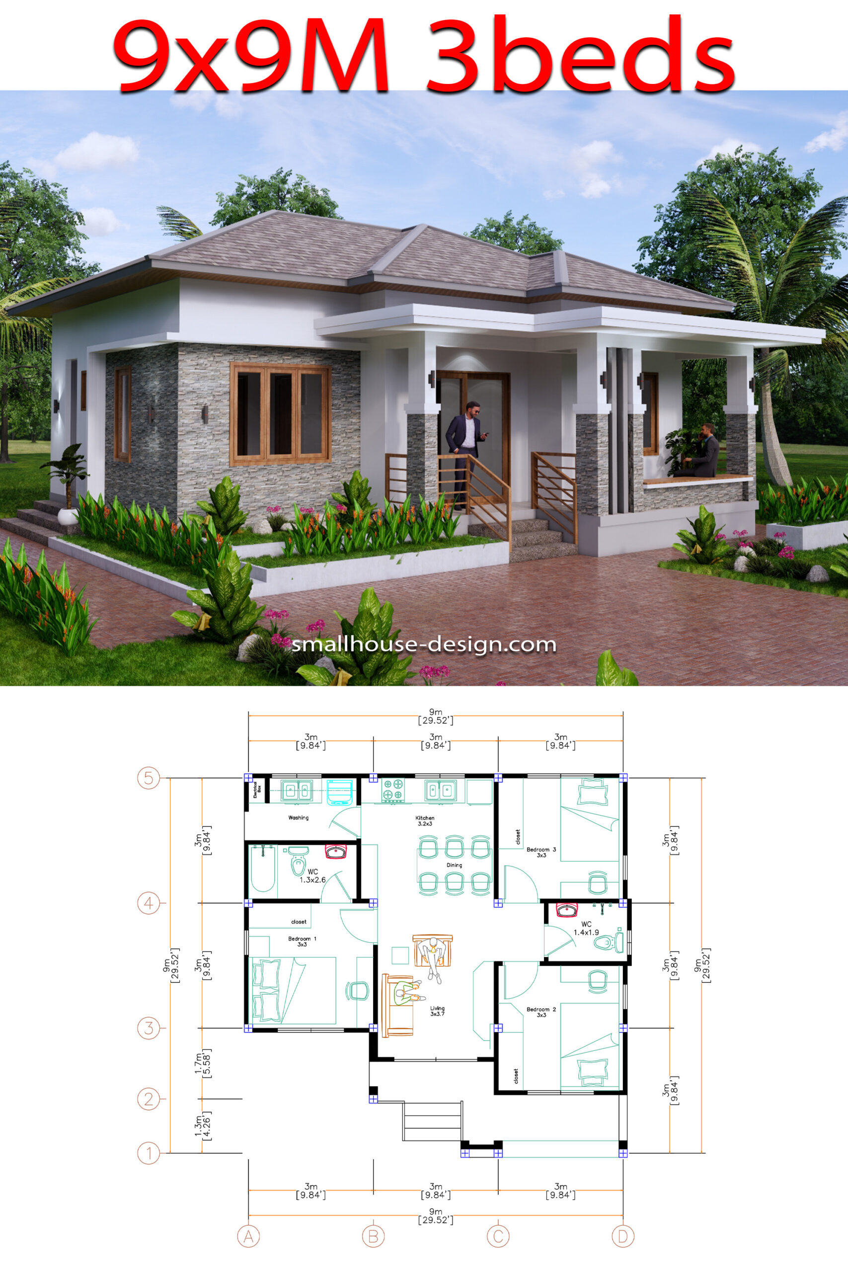 30x30 Custom House Plan 9x9 Meter 3 Beds 2 Baths Hip Roof - Small House ...