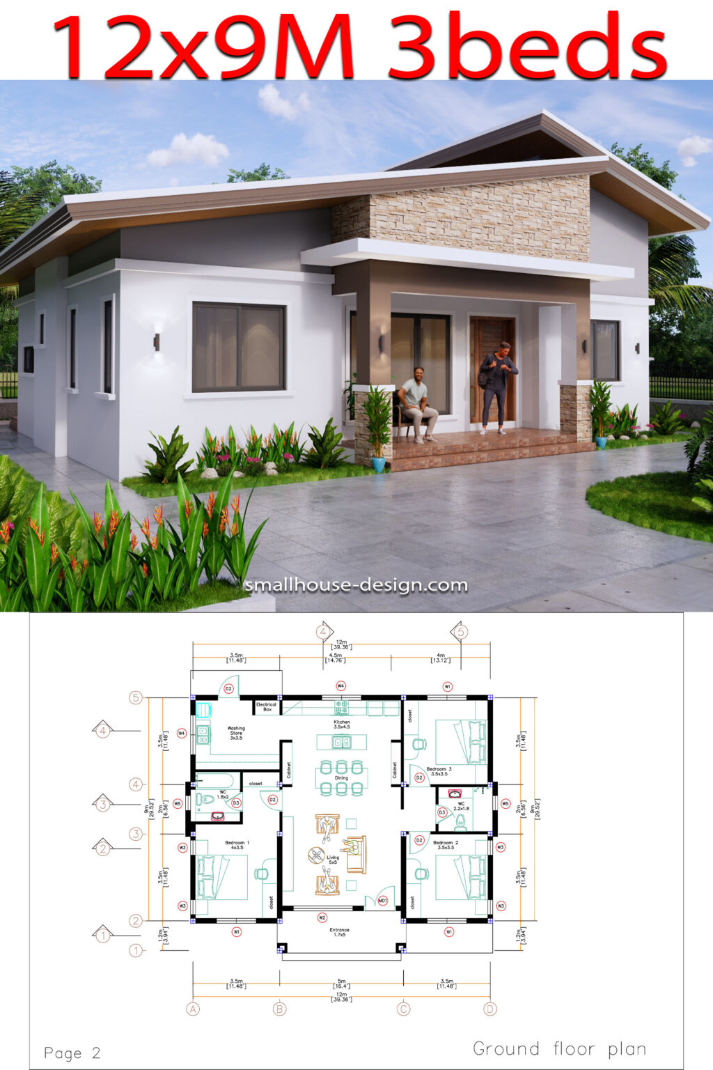 40x30 Feet House Plan 12x9 Meter with 3 Beds 2 Baths Shed Roof - Small ...
