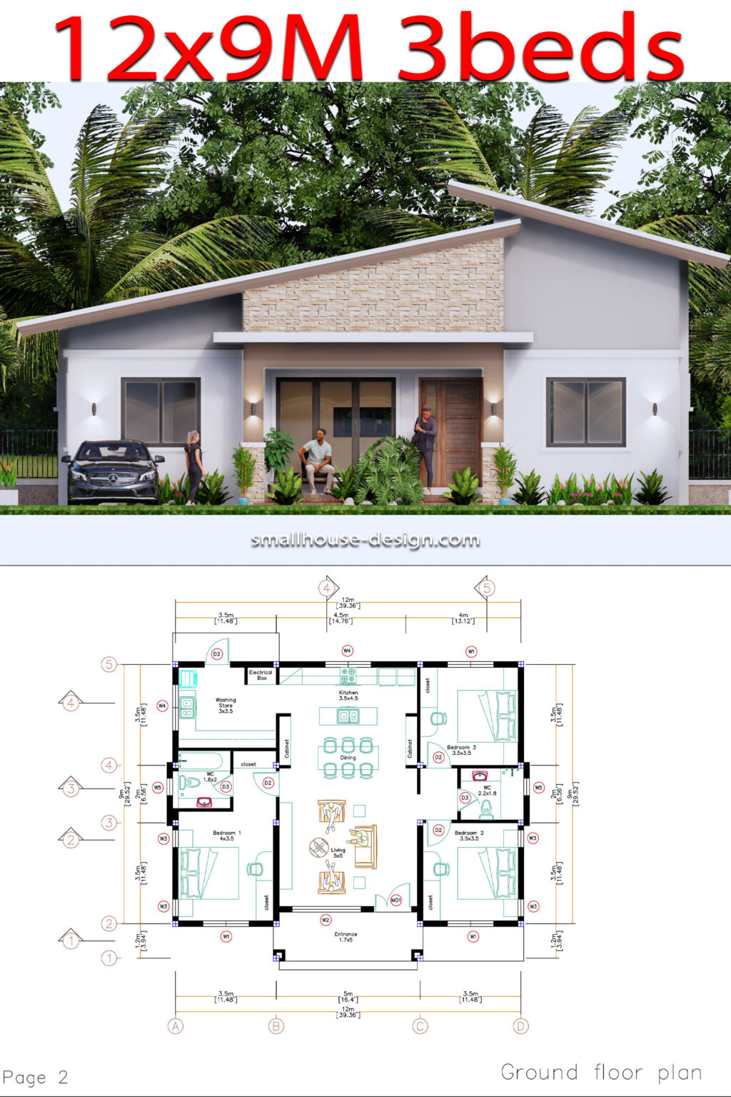 40x30 Feet House Plan 12x9 Meter with 3 Beds 2 Baths Shed Roof - Small ...