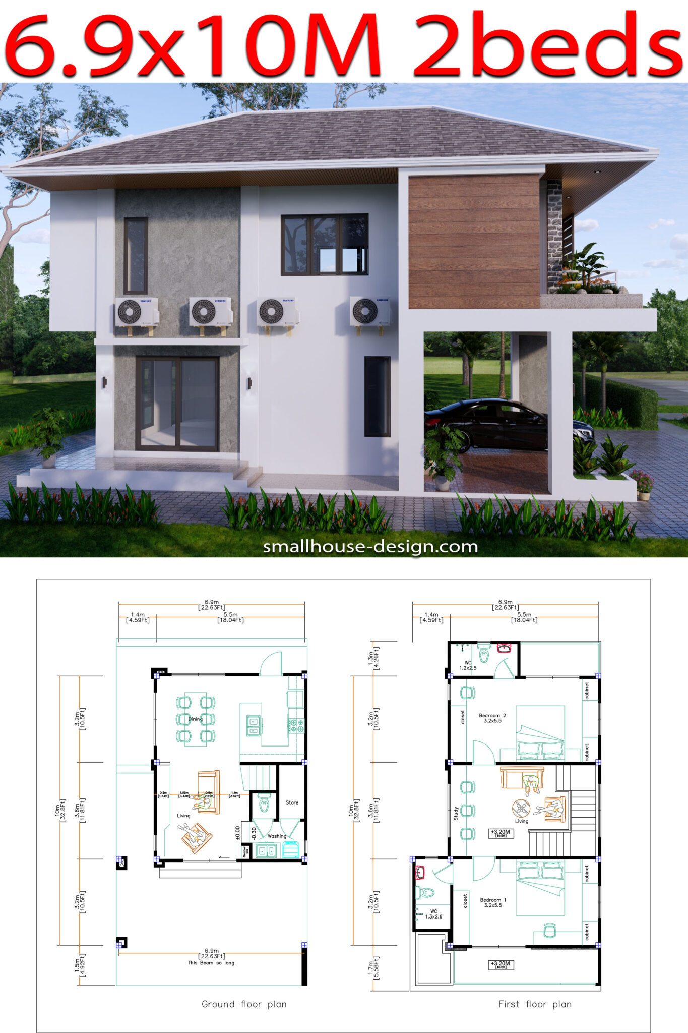 6.9x10 Meter Small House 22.5x33 Feet 2 Beds 3 Baths - Small House ...